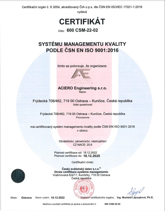 CERTIFIKACE / POLITIKA KVALITY :: Aciero-cz